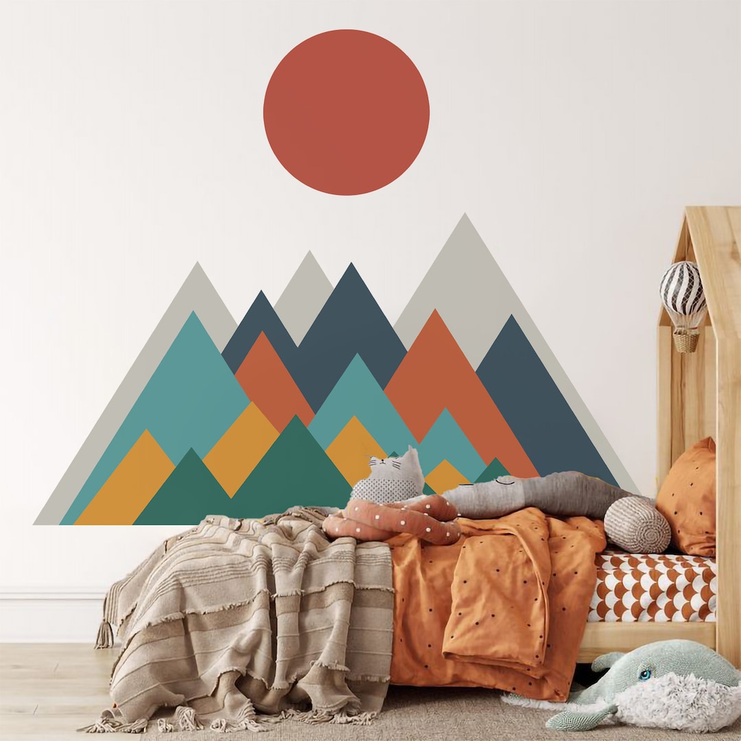 Boho Mountains Wall Decal: Red Sun, Colorful Forest (54" H X 68" W) - Etsy