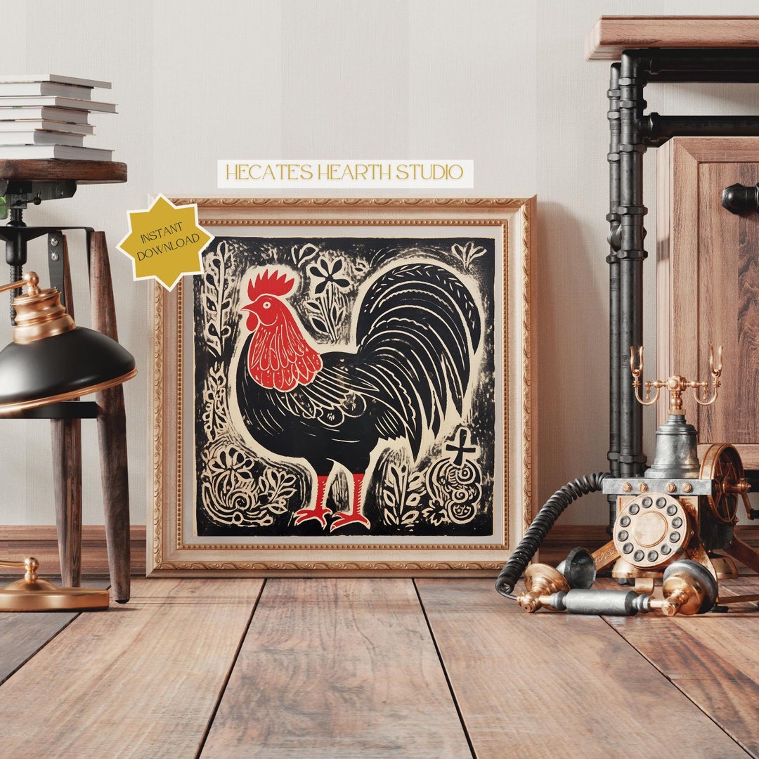 Chicken Folk Scandinavian Block Print Country Cottage DOWNLOADABLE ...