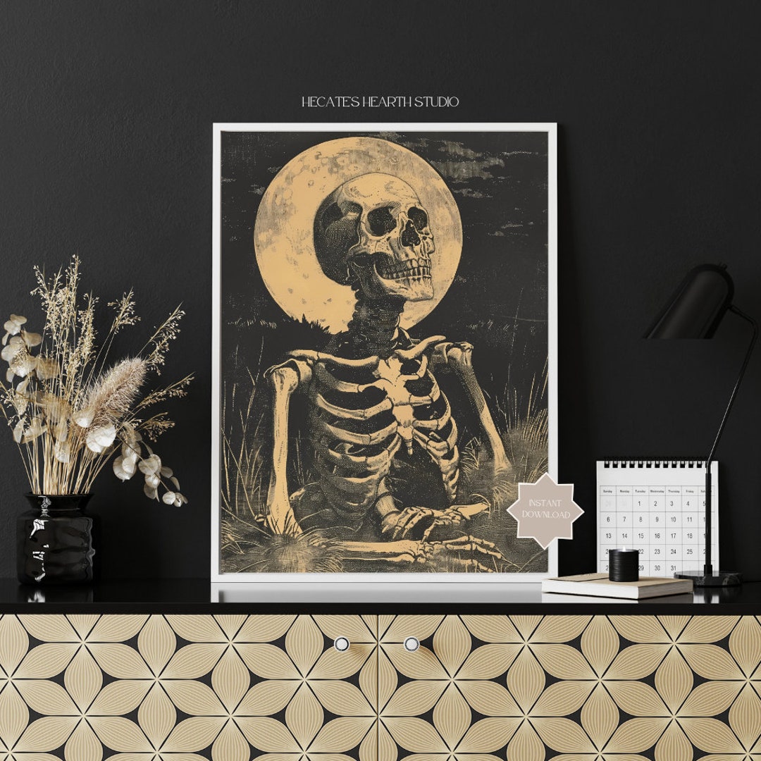 Skeleton and Moon Print | Vintage Gothic Style Art | DOWNLOADABLE ART ...