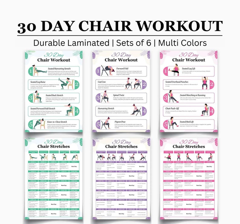 Laminated 30-day Chair Yoga Workout Plan – Set of 6 Easy, Gentle ...