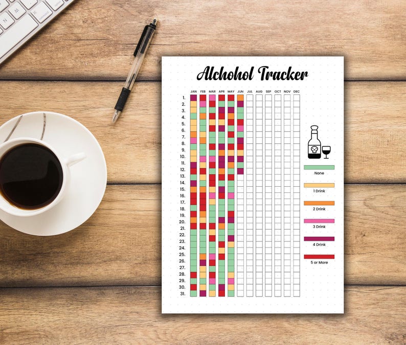 Monthly Alcohol Tracker Printable: Drinking Habit Journal (digital ...