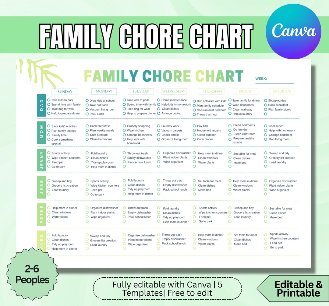 Editable Family Chore Chart: Weekly Planner, Canva Template (digital ...
