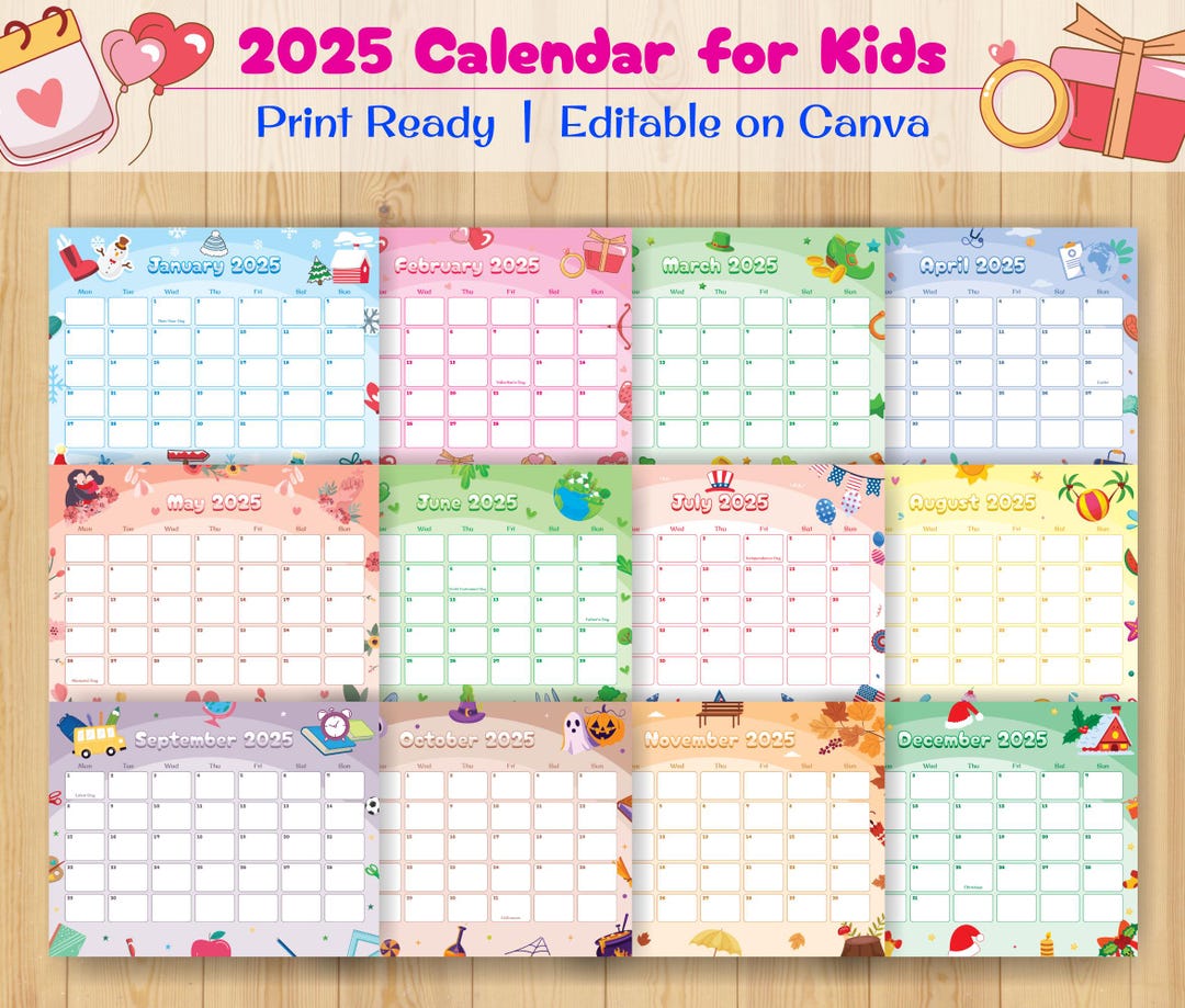 2025 Calendar Printable, Cute Kids Calendar 2025, Wall Calendar PDF ...