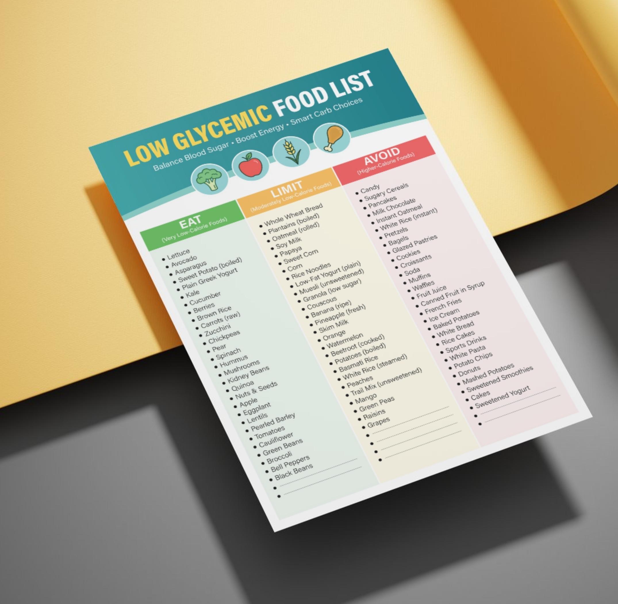 Low Glycemic Index Food Chart for Diabetes, Color Coded Glycemic Food ...