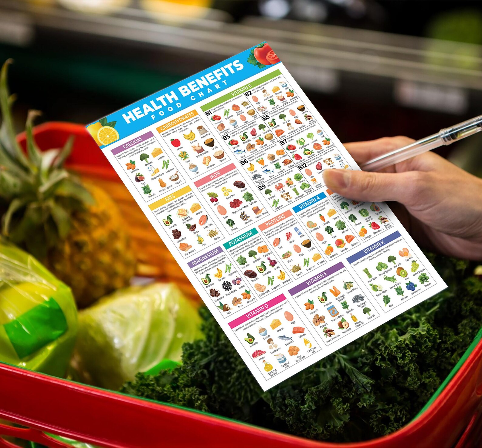 Health Benefits Food Chart - Printable Nutrition Guide, Vitamins ...