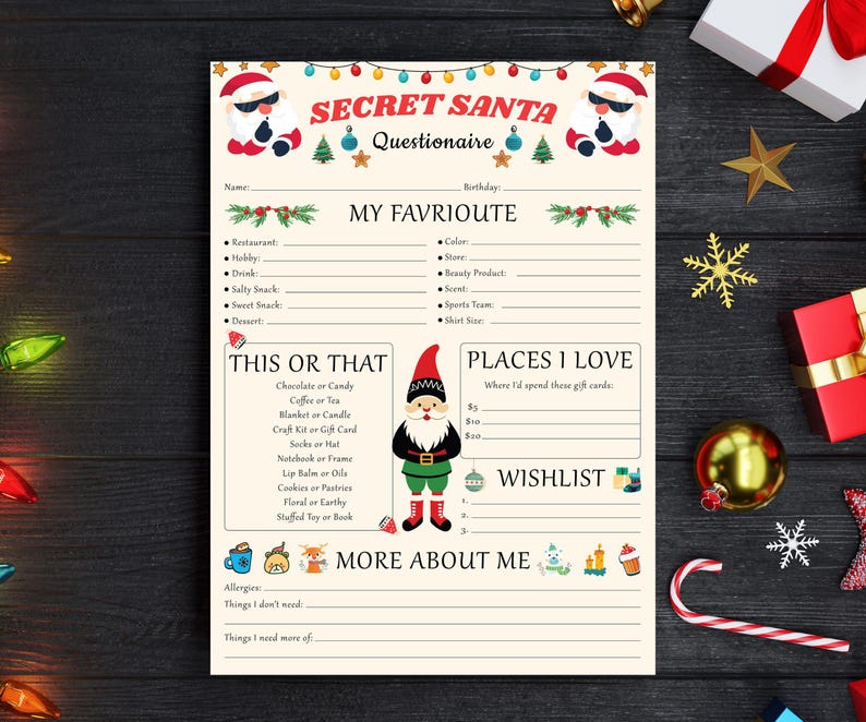 Secret Santa Questionnaire Printable, Christmas Gift Exchange Favorites ...