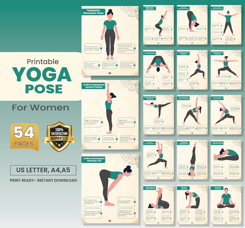 Yoga Instructions Pose Cards Bundle: Beginner to Advanced Poses , Flow ...