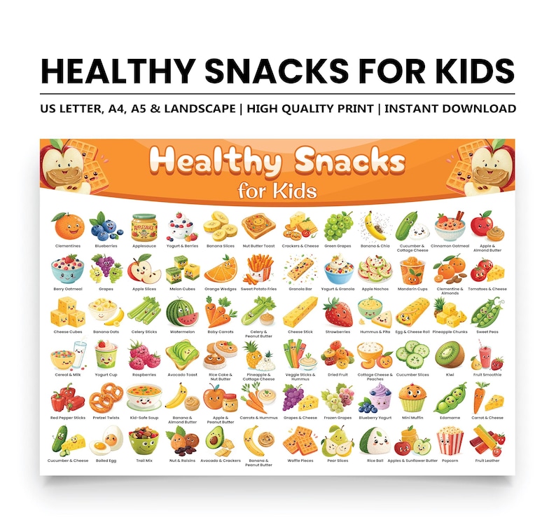Healthy Snacks for Kids, Printable Snack Ideas Chart, Fun & Nutritious ...