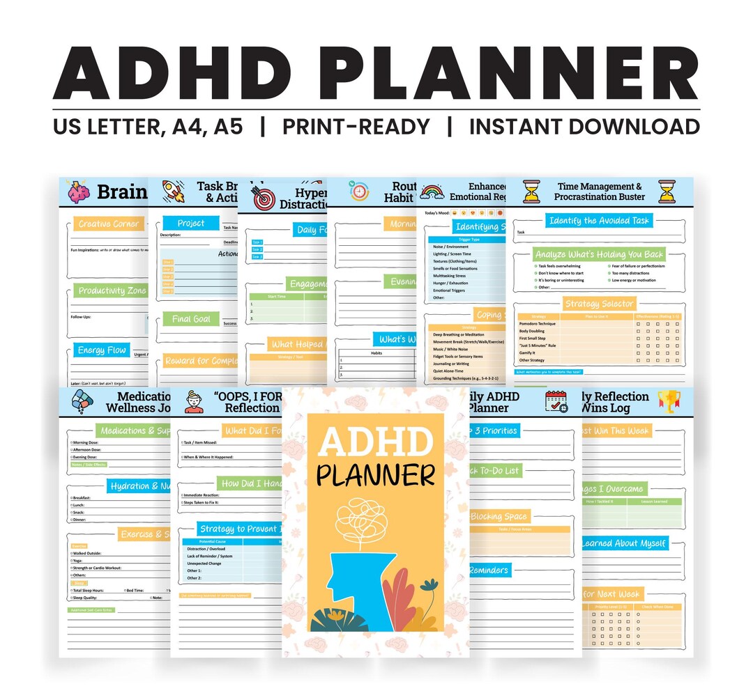 Printable ADHD Journal & Planner, Daily Organizer for Focus, Mental ...