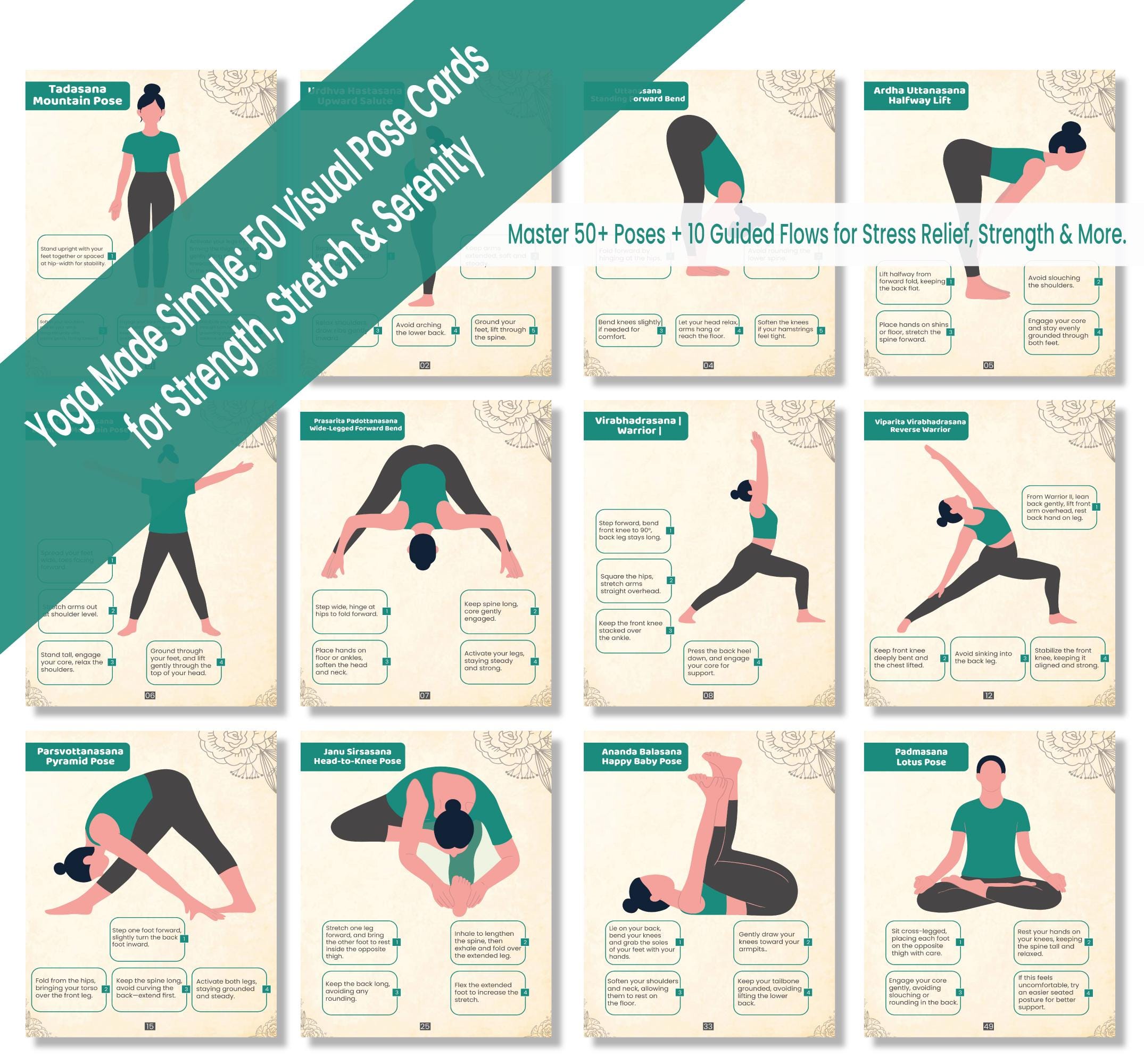 Yoga Instructions Pose Cards Bundle: Beginner to Advanced Poses , Flow ...
