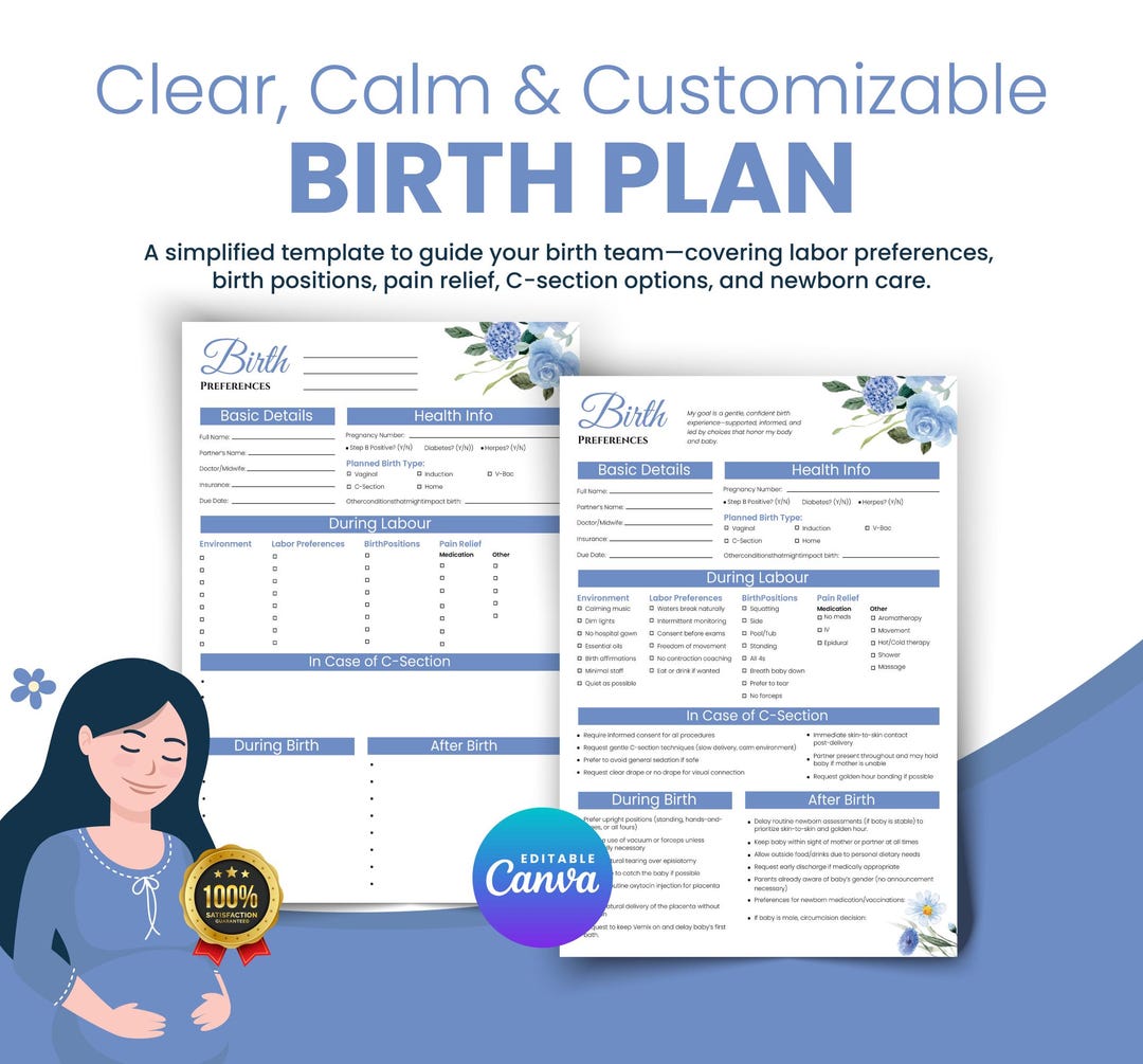 Editable Birth Plan Template: Minimalist Pregnancy Labor Preferences ...