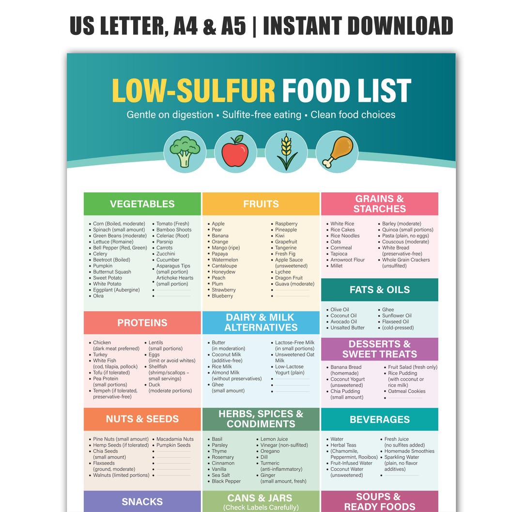 Low Sulfur Diet Food Chart • Instant Download • Sulfite-free / Gut ...