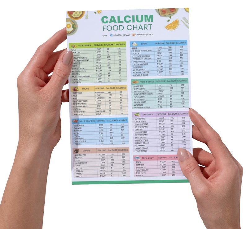 Laminated Calcium Food Chart – Set of 1 High-calcium Foods Guide for ...