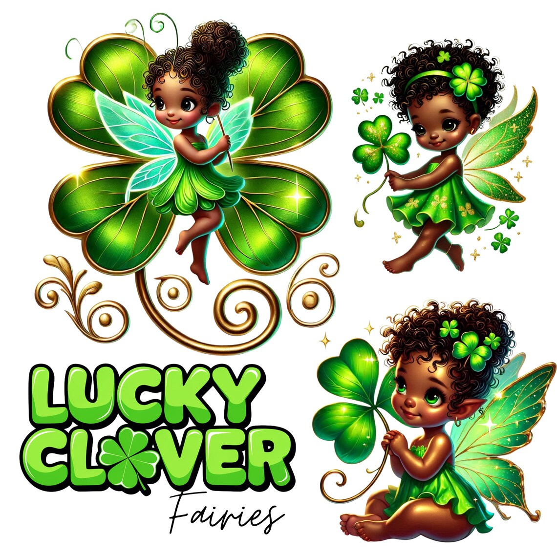 St. Patrick's Day Clover Fairies: African American Digital Art (PNG) - Etsy