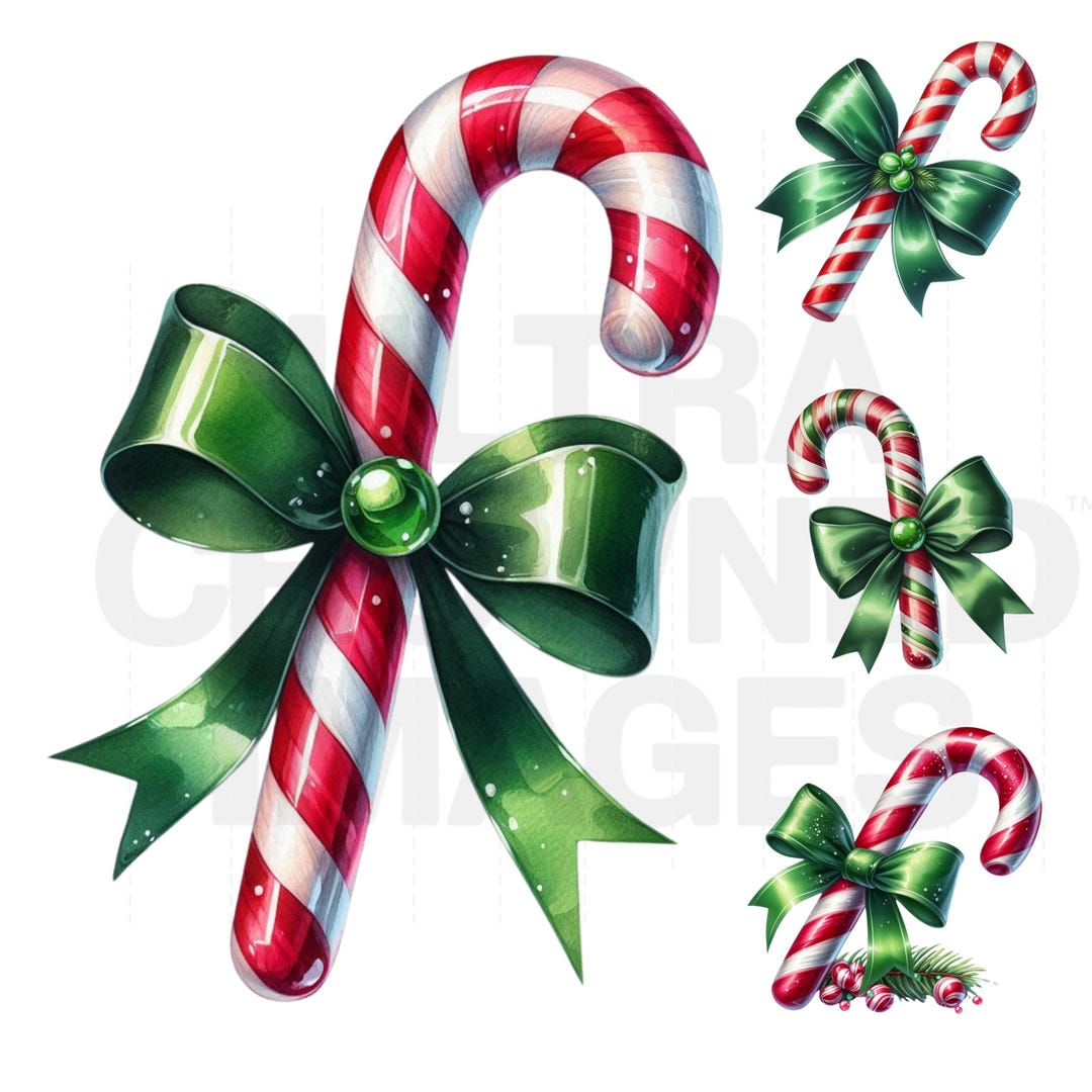 Festive Candy Cane With Green Bow | Digital PNG Download | Christmas ...