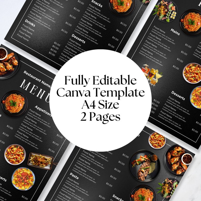 Dark Restaurant Menu Template, Bar Menu, Editable Menu, Canva Template ...