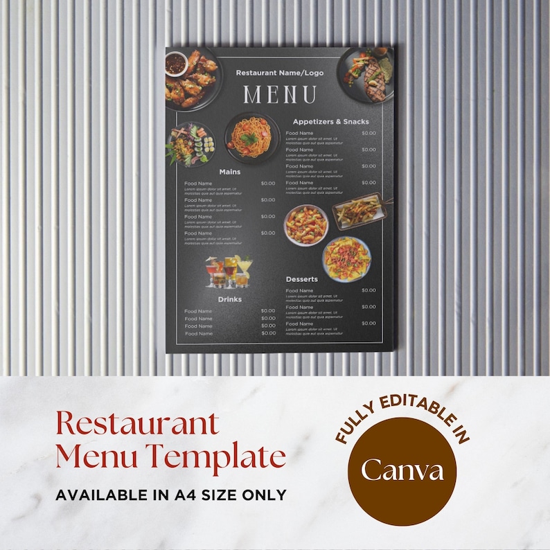 Dark Restaurant Menu Template, Bar Menu, Editable Menu, Canva Template ...