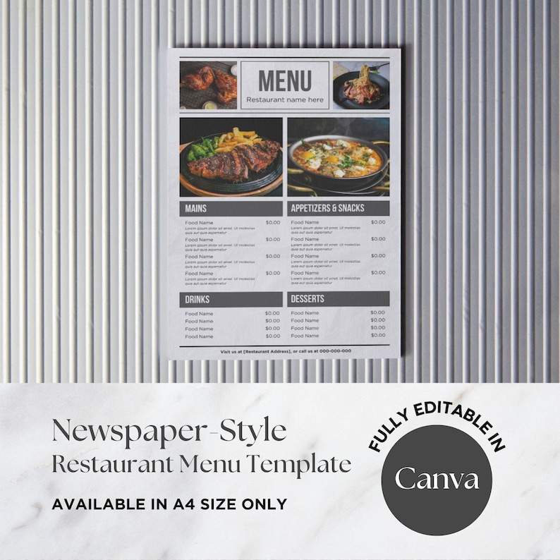 Modern Restaurant Menu Template, Newspaper Menu, Canva Template ...