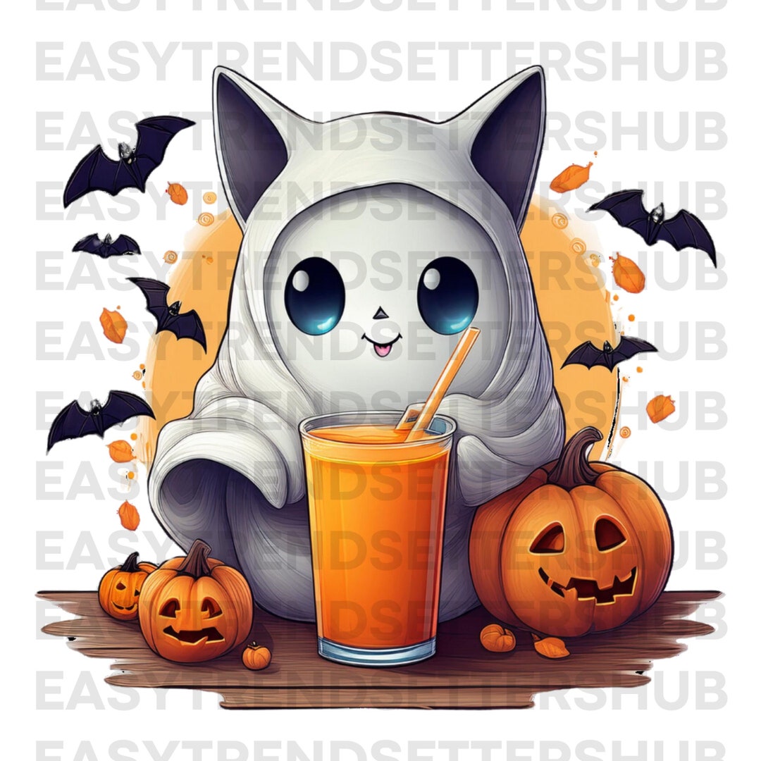 Cute Halloween Cat Png, Ghost Coffee Png, Cute Cat Ghost Png, Cat Ghost ...
