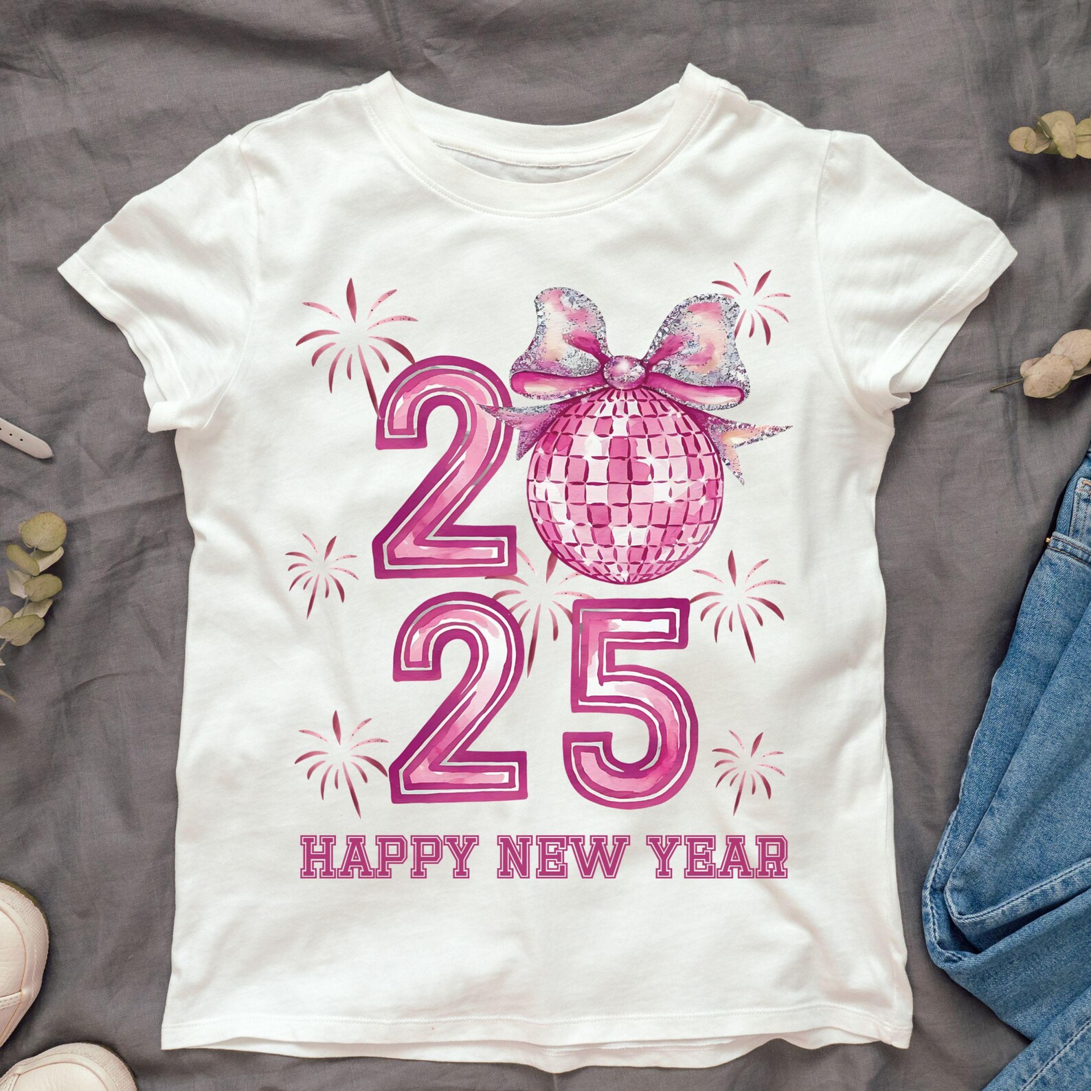 Happy New Year 2025 Png, Disco Ball New Year's PNG, Pink Coquette Bow ...