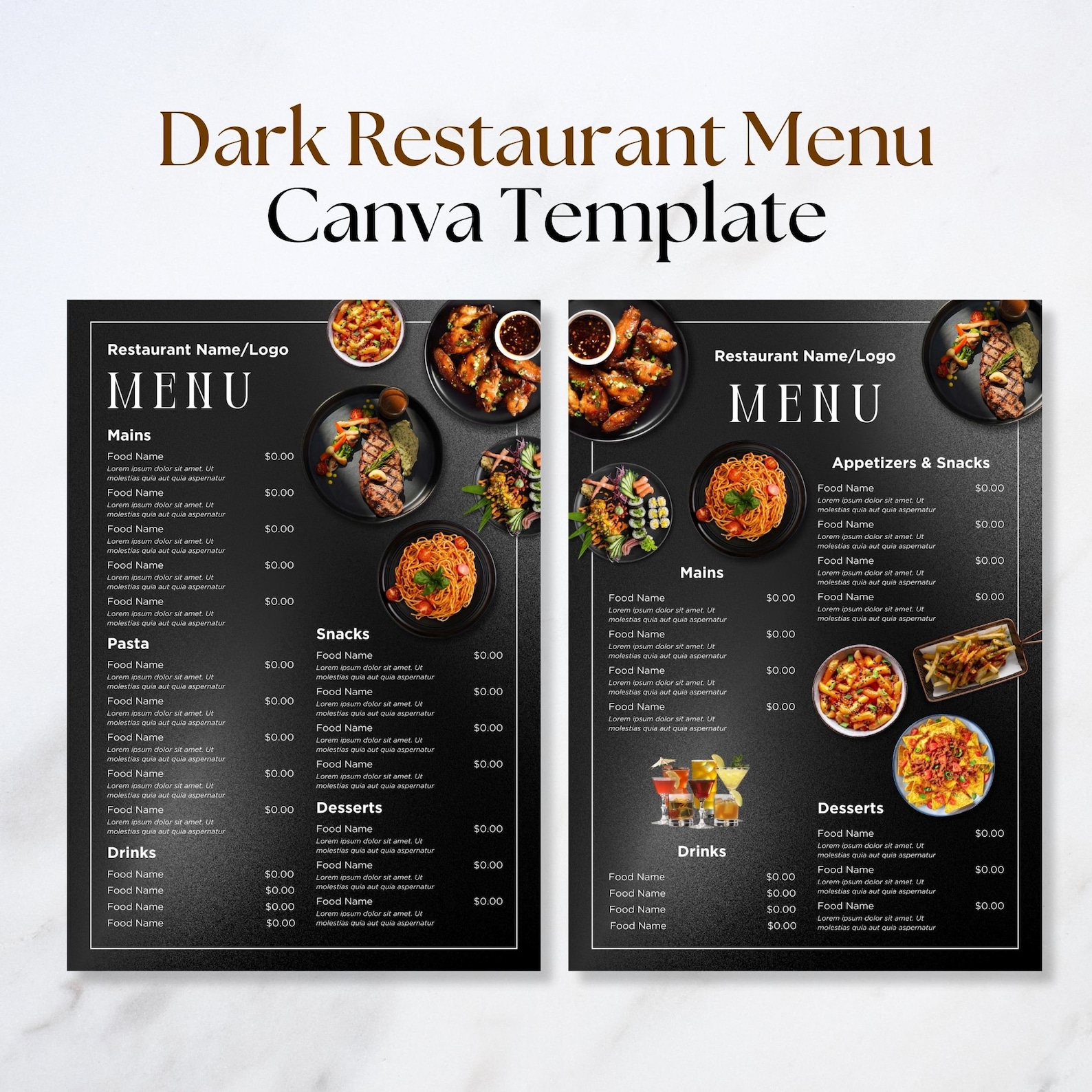 Dark Restaurant Menu Template, Bar Menu, Editable Menu, Canva Template ...