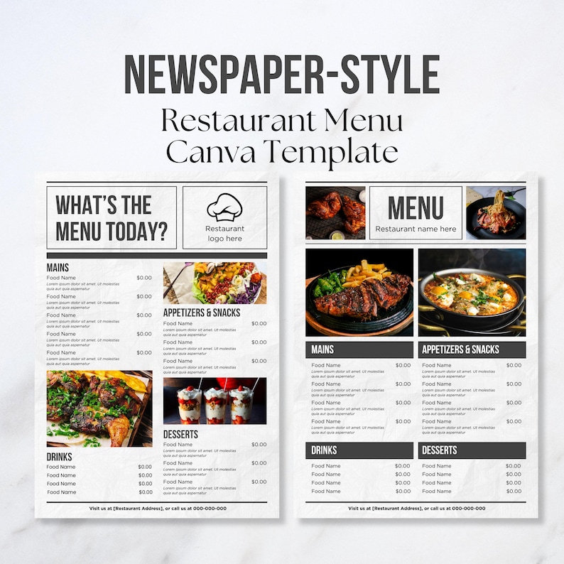 Modern Restaurant Menu Template, Newspaper Menu, Canva Template ...