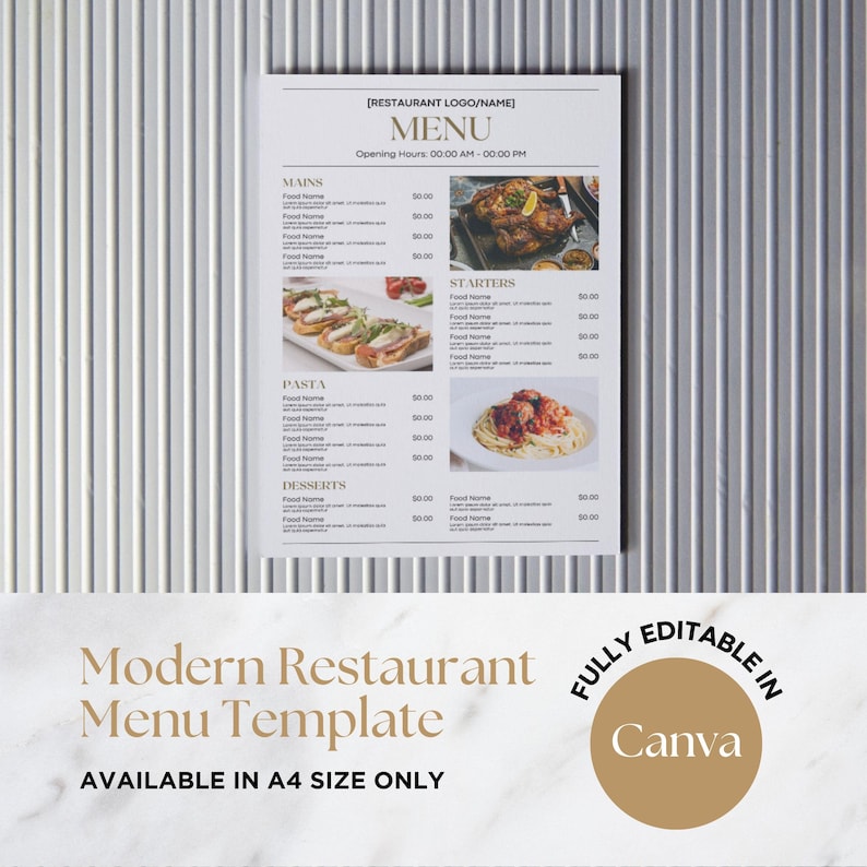 Modern Restaurant Menu Template, Food Menu, Bar Menu, A4 Size Menu, Canva Template, Printable ...