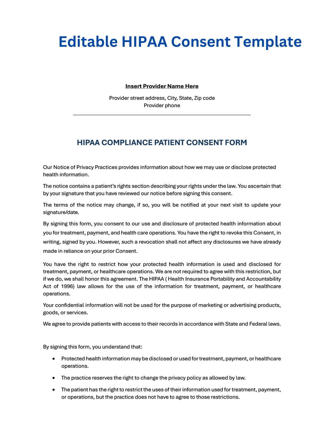 Printable HIPAA Consent Form Template, Medical Consent New Patient Form Digital Download ...