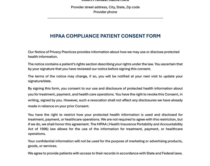 Printable HIPAA Consent Form Template, Medical Consent New Patient Form ...