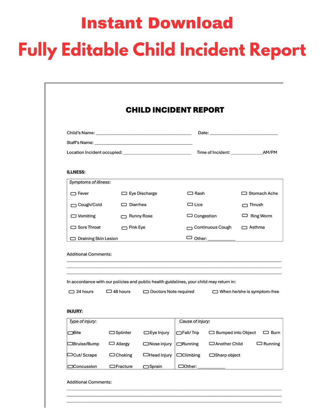 Child Incident Report, Daycare Accident, Child Illness Report ...