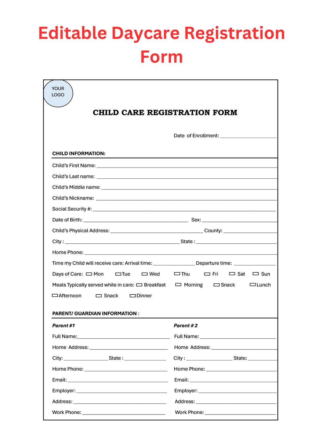 Daycare Enrollment Form, Editable Childcare Registration Form ...