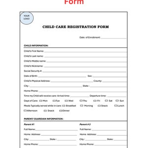 Daycare Enrollment Form, Editable Childcare Registration Form ...