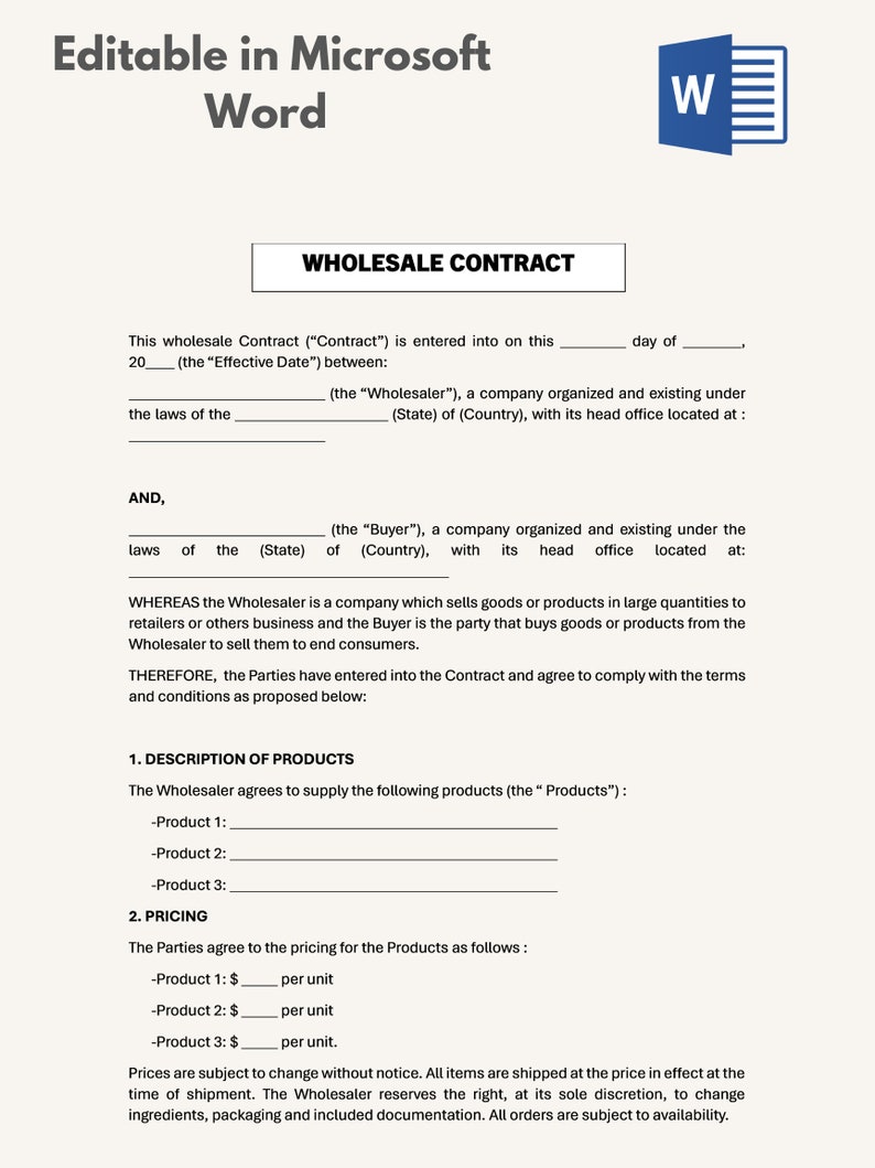 Editable Wholesale Contract Template, Business Agreement (digital ...