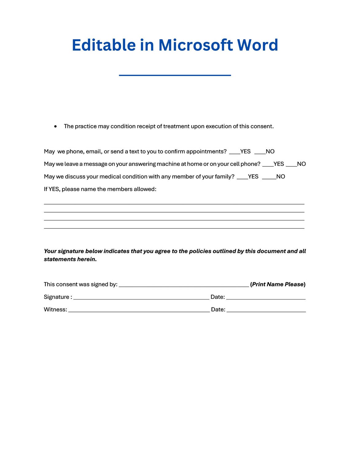 Printable HIPAA Consent Form Template, Medical Consent New Patient Form ...