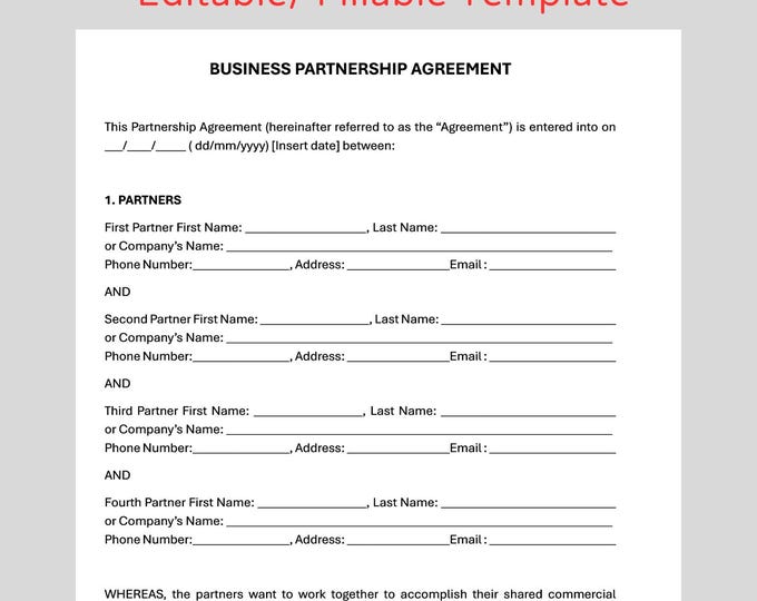 Business Partnership Agreement, Customizable Partnership Agreement Form ...