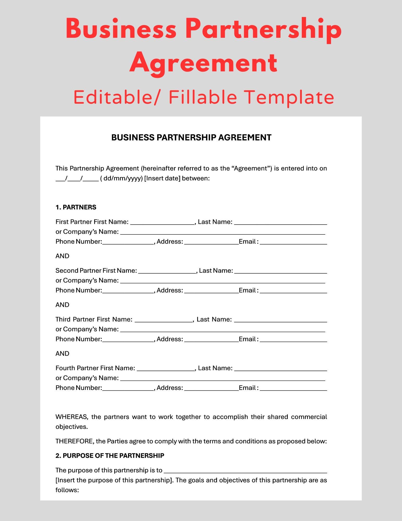 Business Partnership Agreement, Customizable Partnership Agreement Form ...