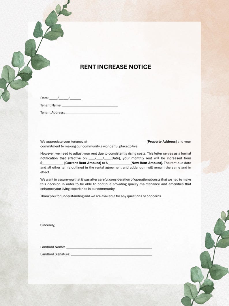 Rent Increase Form, Editable Notice of Rent, Rental Increase Notice ...
