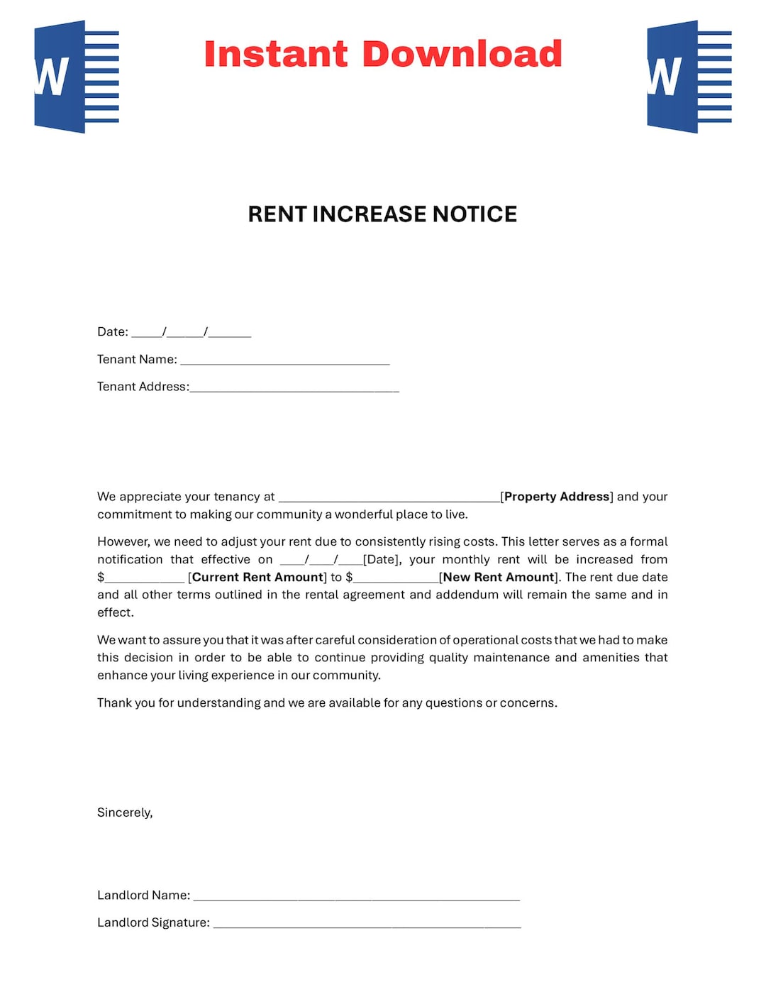 Rent Increase Form, Editable Notice of Rent, Rental Increase Notice ...