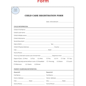 Daycare Enrollment Form, Editable Childcare Registration Form ...