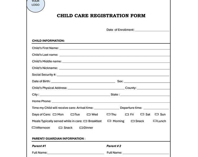 Daycare Enrollment Form, Editable Childcare Registration Form, Childcare Business Registration ...