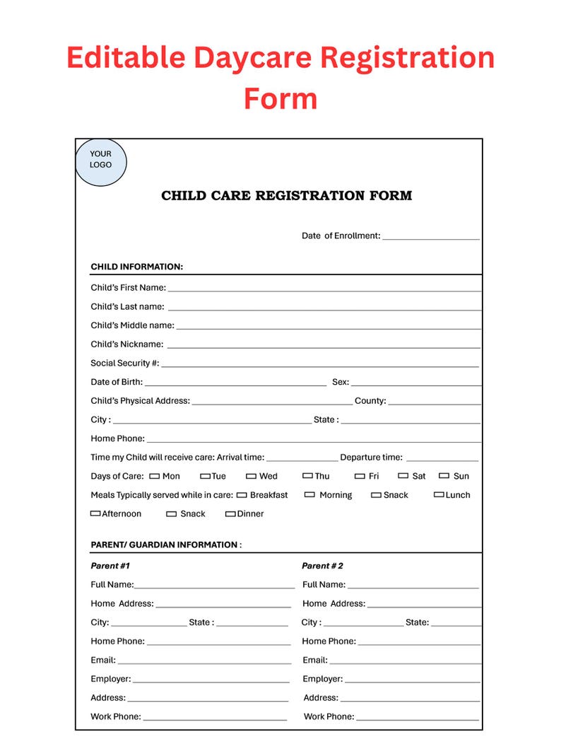 Daycare Enrollment Form, Editable Childcare Registration Form, Childcare Business Registration ...