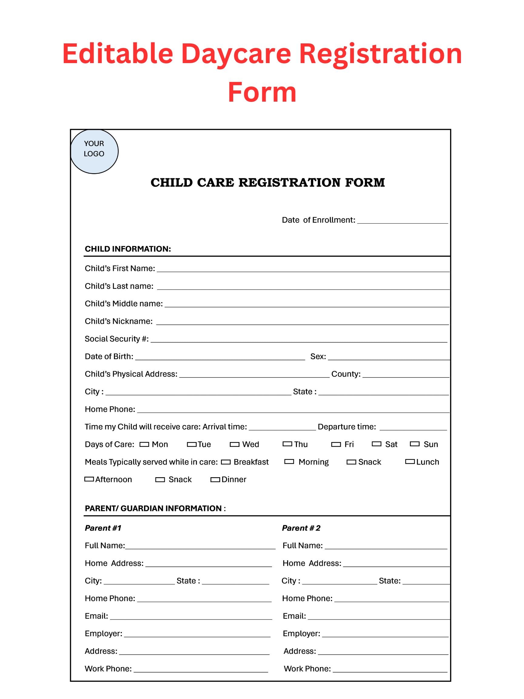 Daycare Enrollment Form, Editable Childcare Registration Form ...