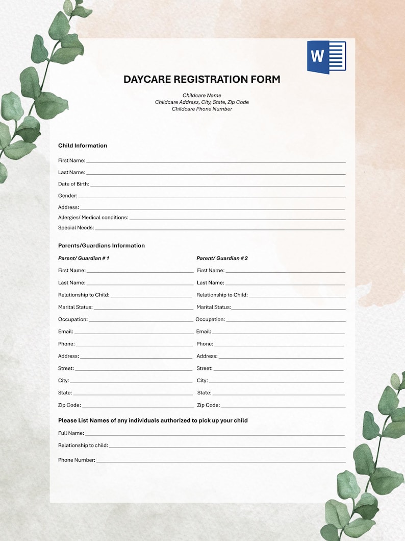 Editable Daycare Registration Form, Childcare Business Registration ...
