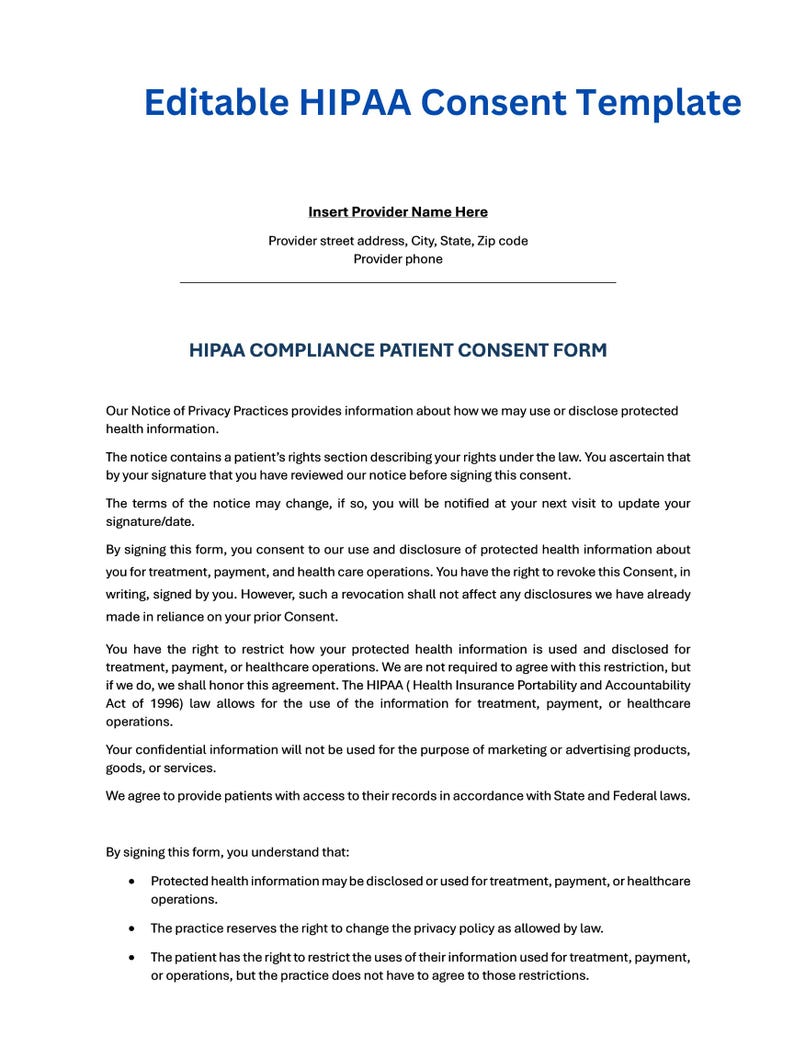 Printable HIPAA Consent Form Template, Medical Consent New Patient Form Digital Download ...