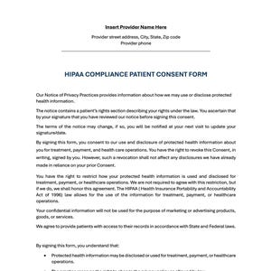 Printable HIPAA Consent Form Template, Medical Consent New Patient Form ...