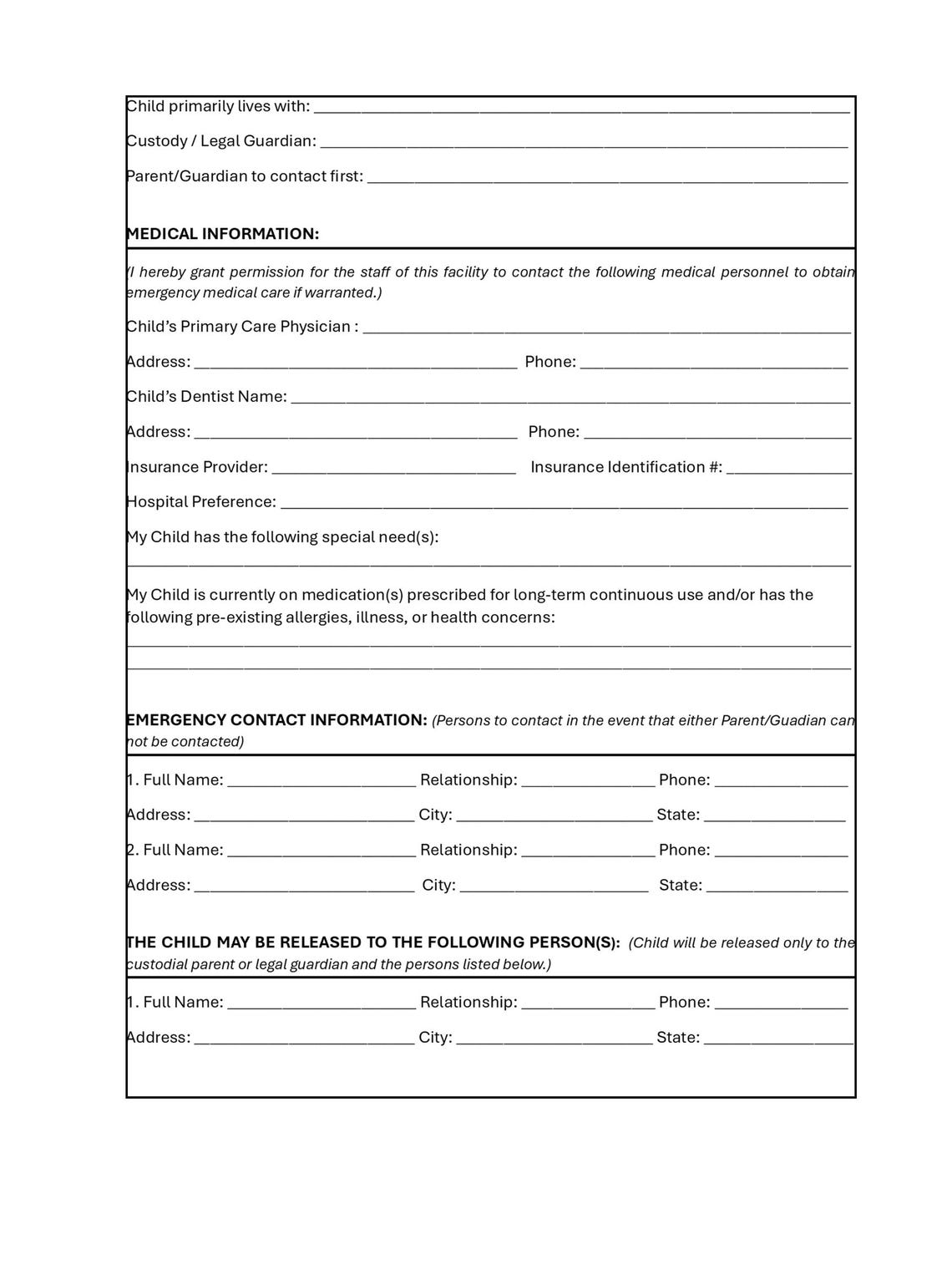 Daycare Enrollment Form, Editable Childcare Registration Form ...