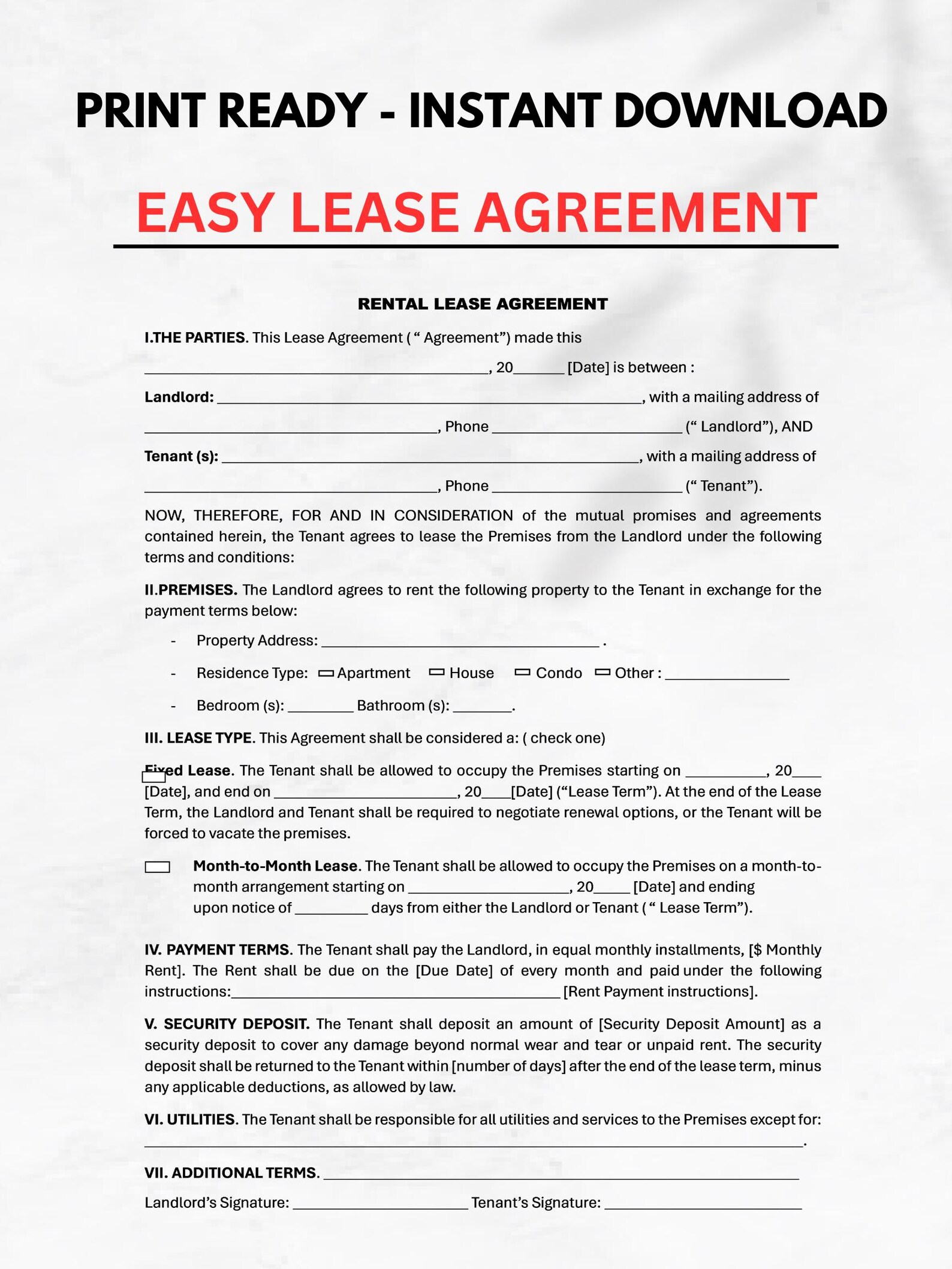 Rental Agreement Editable, Landlord Form, Lease Agreement Printable ...