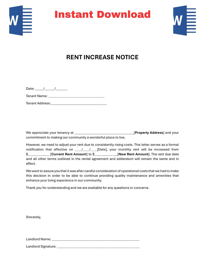 Rent Increase Form, Editable Notice of Rent, Rental Increase Notice ...