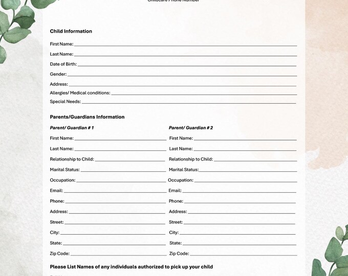 Editable Daycare Registration Form, Childcare Business Registration ...