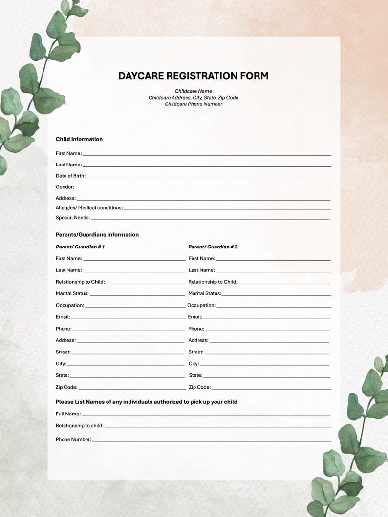 Editable Daycare Registration Form, Childcare Business Registration ...